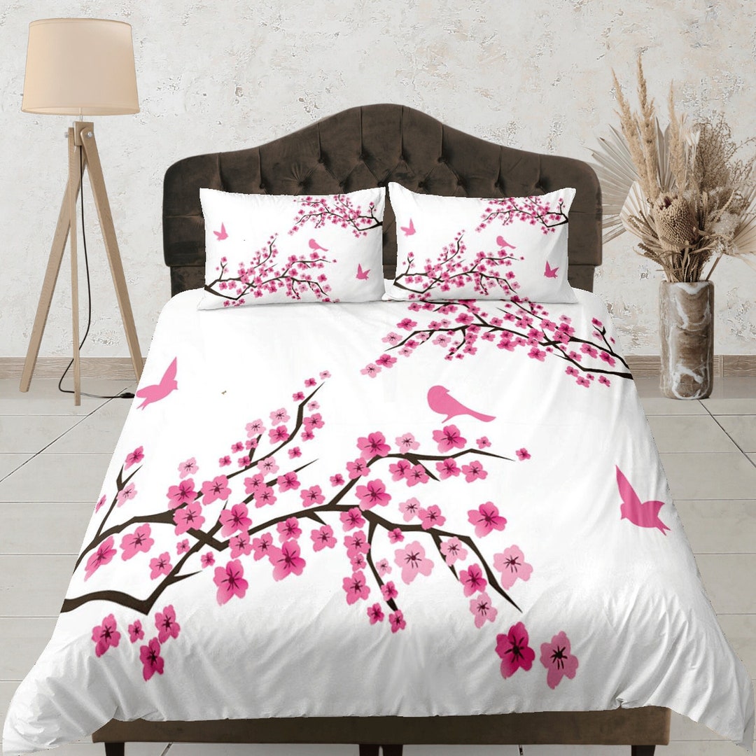 Cherry Blossom Duvet Cover, Floral Bedding Set, Bird Bedroom Set, Pink ...