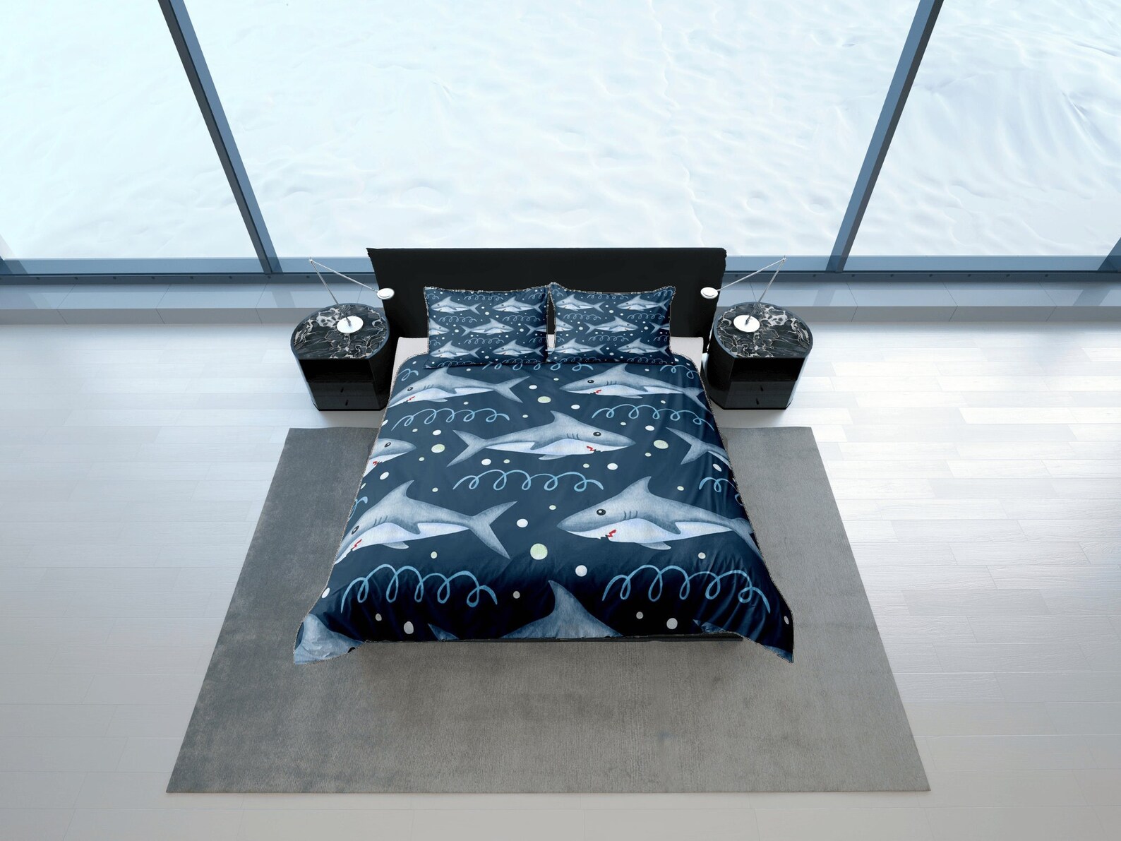 Navy Blue Shark Bedding Set, Ocean Theme Dorm Bedding, Custom Duvet ...