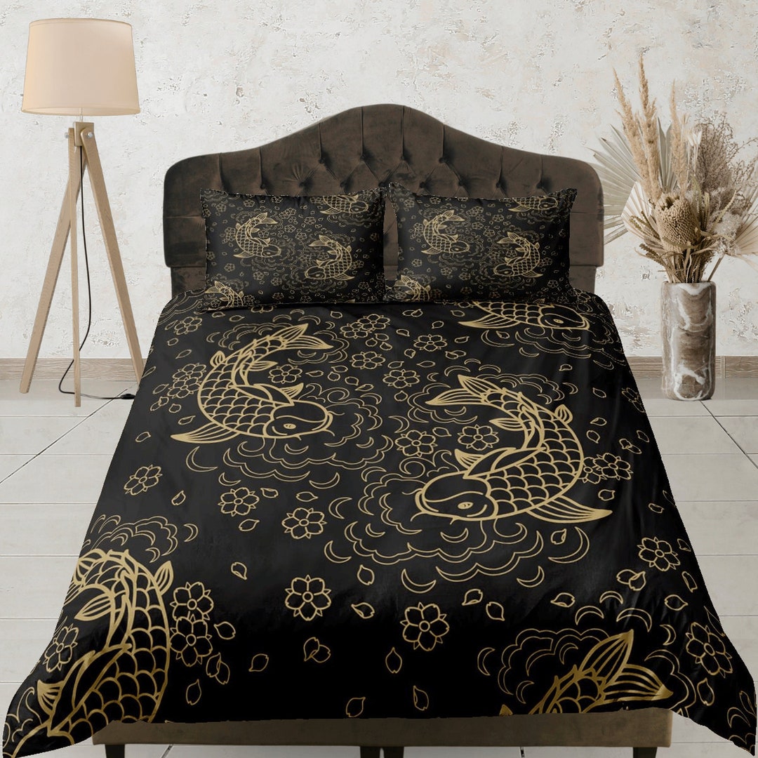 Koi Fish Duvet Cover Set, Japanese Quilt Cover, Gold Koi Bedding, Koi ...