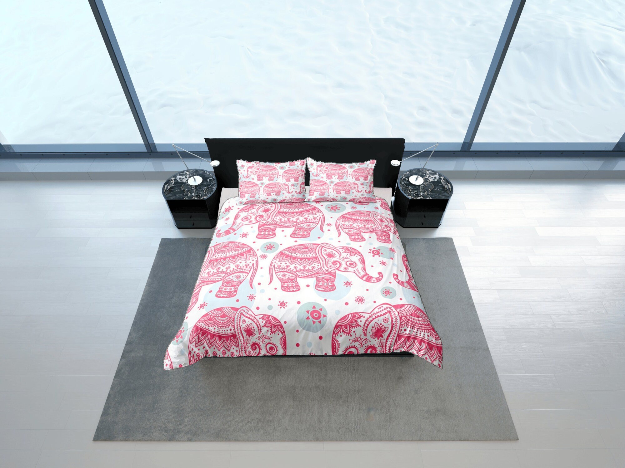 Pink Elephant Mandala Bedspread, Boho Chic Aesthetic Duvet Cover Set ...