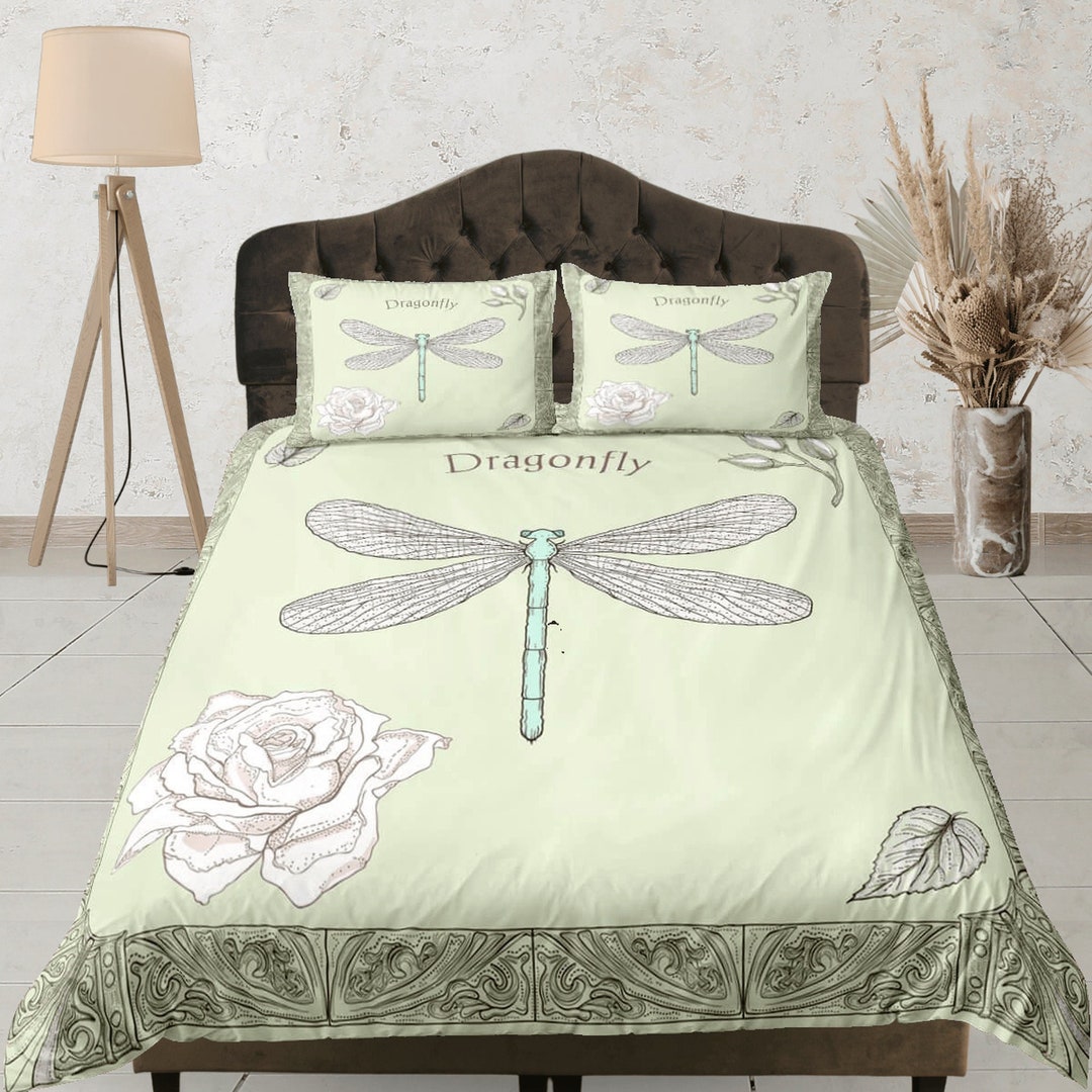 Dragonfly and Rose Print Duvet Cover Set, Nature Inspired Bedding ...