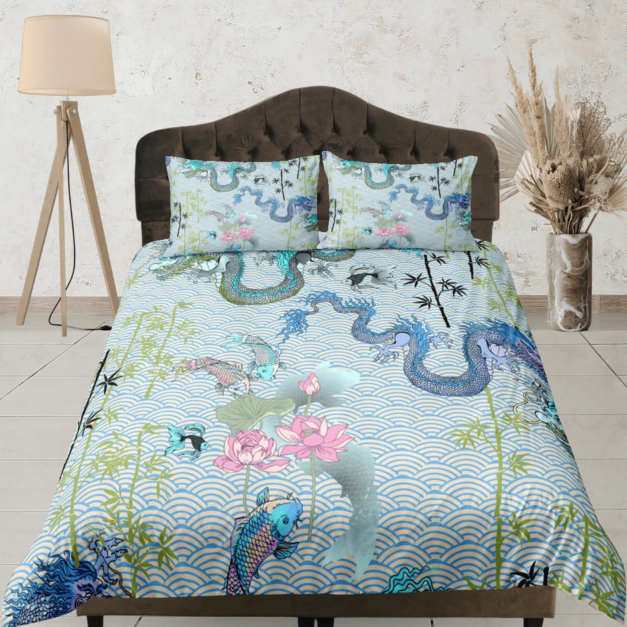 Japanese Dragon Duvet Cover, Custom Size, Koi Fish Design, Asian ...