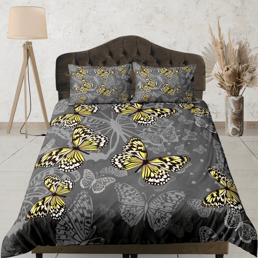 Butterfly Duvet Cover, Yellow and Grey Bedding Set, Nature Bedroom ...