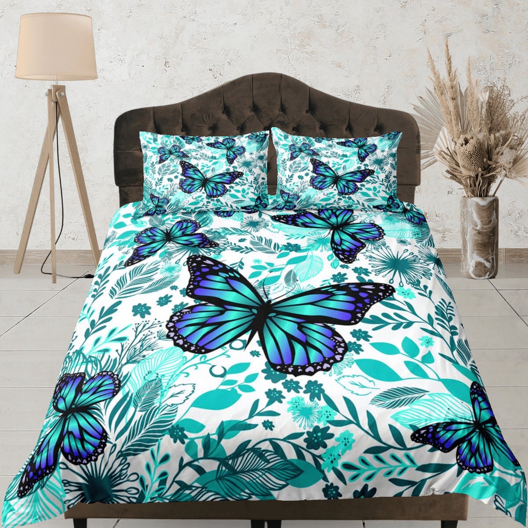 Blue Butterfly Bedspread, Floral Print Bedding Set, Teal Aesthetic ...