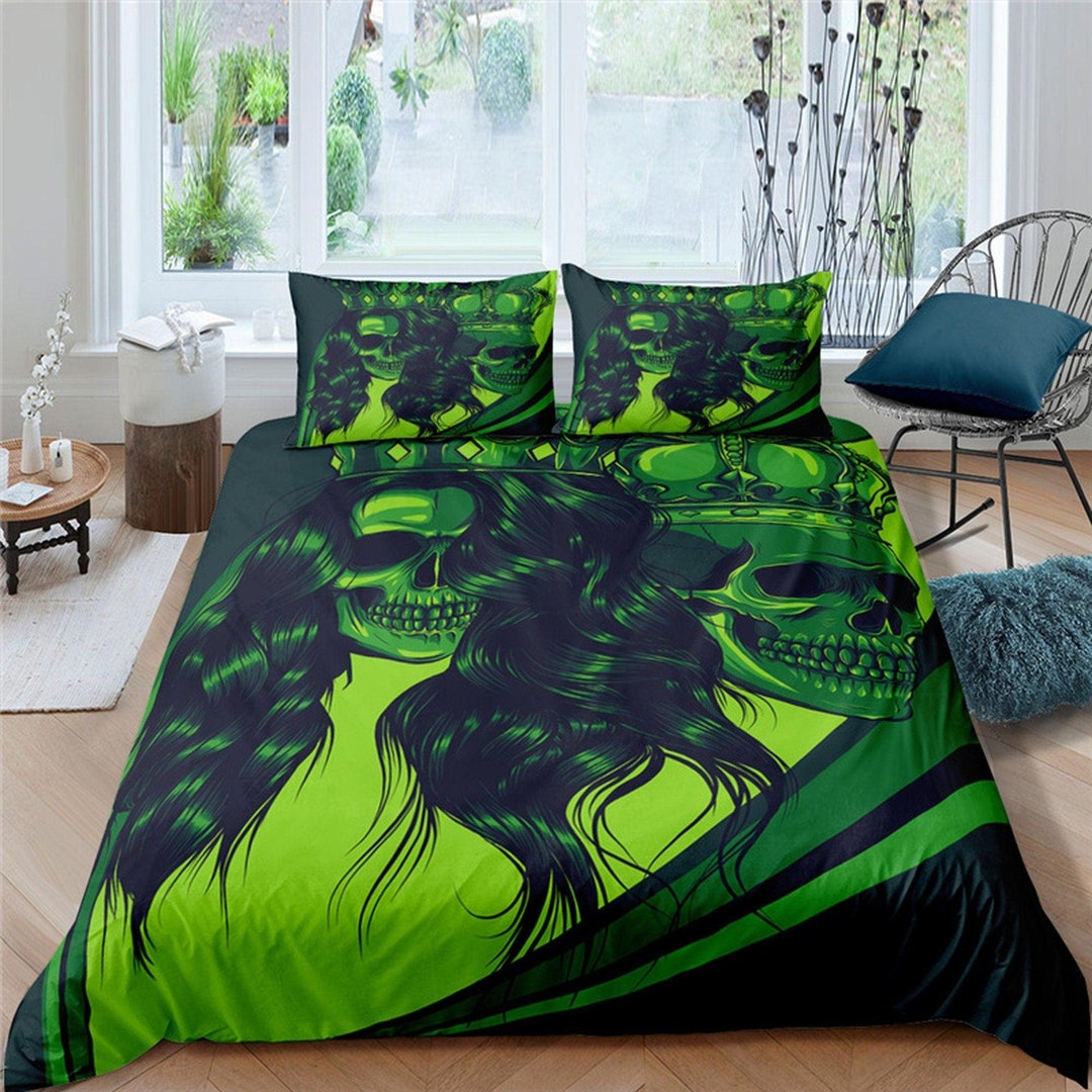 Green Skull Aesthetic Duvet Set, Gothic Dorm Bedding Set, Wonderful ...