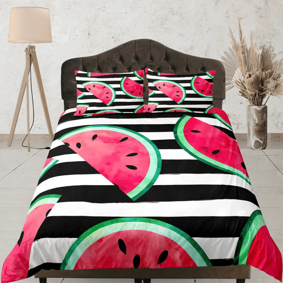 Watermelon Print Bedding Set, Black White Stripes Duvet Cover Set, Dorm Bedding, Summer Quilt ...