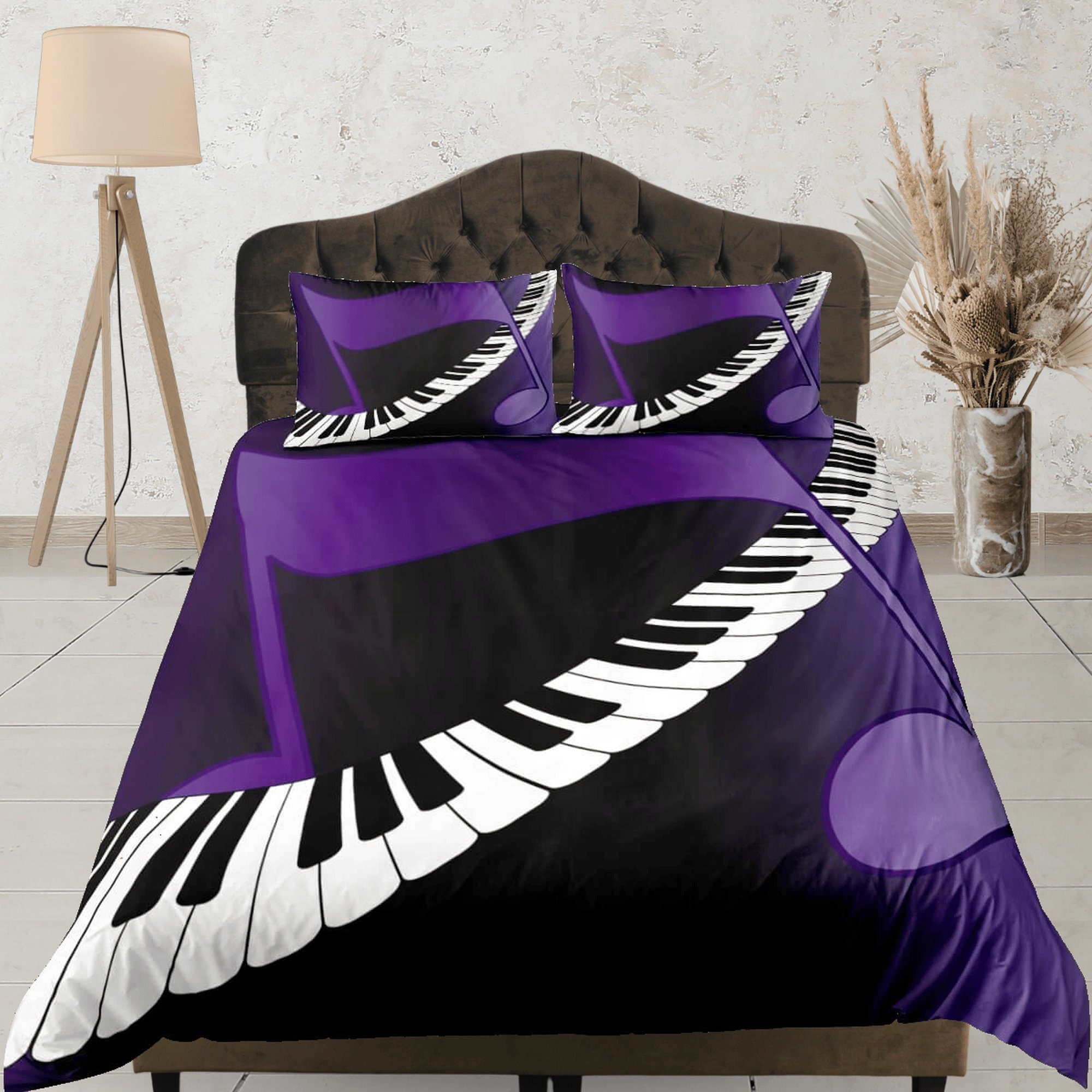 Musical Notes Bedding Set, Piano Keyboard Duvet Cover, Black and Purple ...