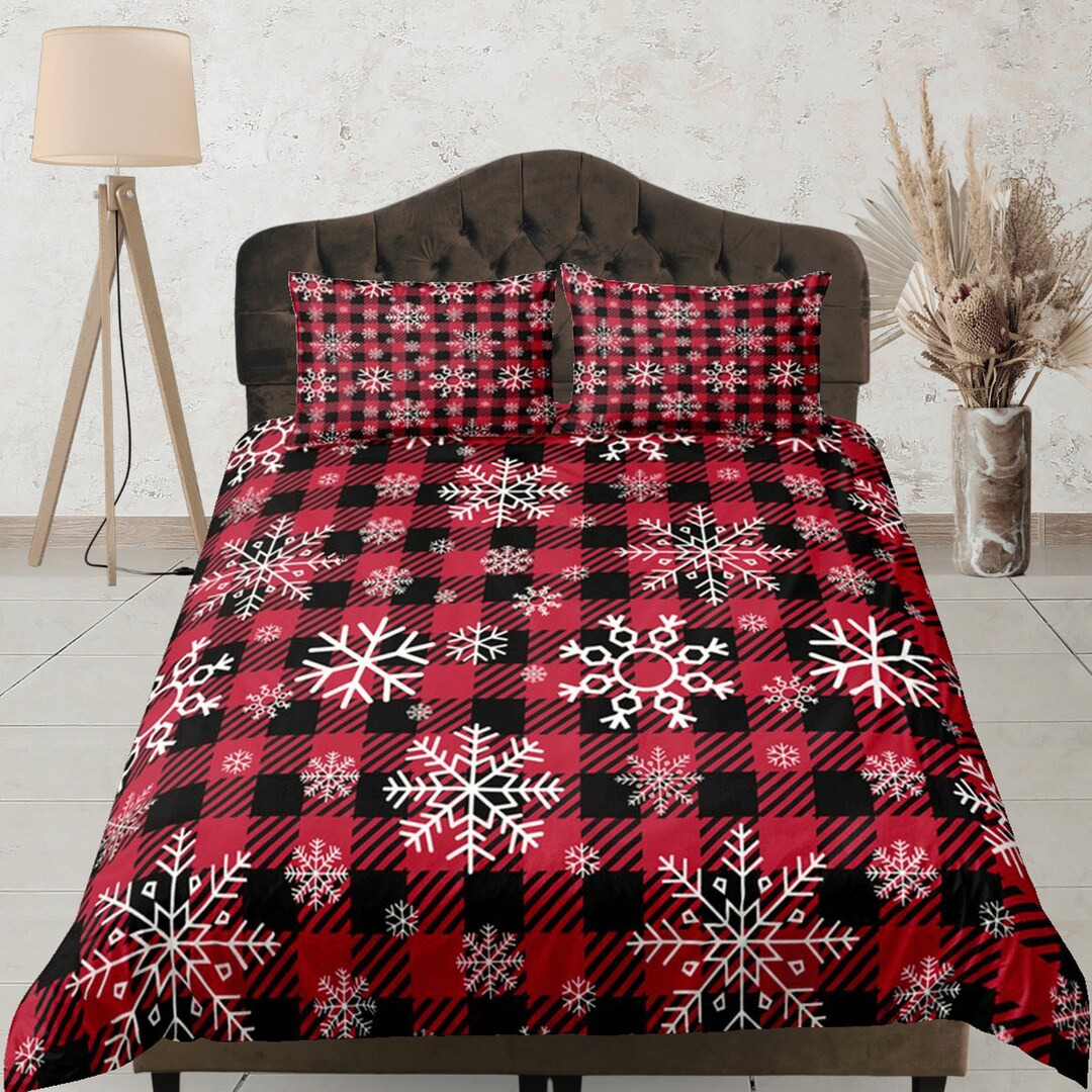 Rustic Christmas Duvet Cover Set, Snowflake Quilt Cover, Red Plaid ...