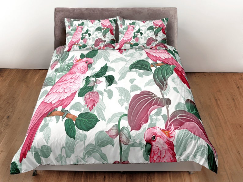 Parrot Duvet Cover, Tropical Bedding Set, Bird Bedroom Set, Pink ...