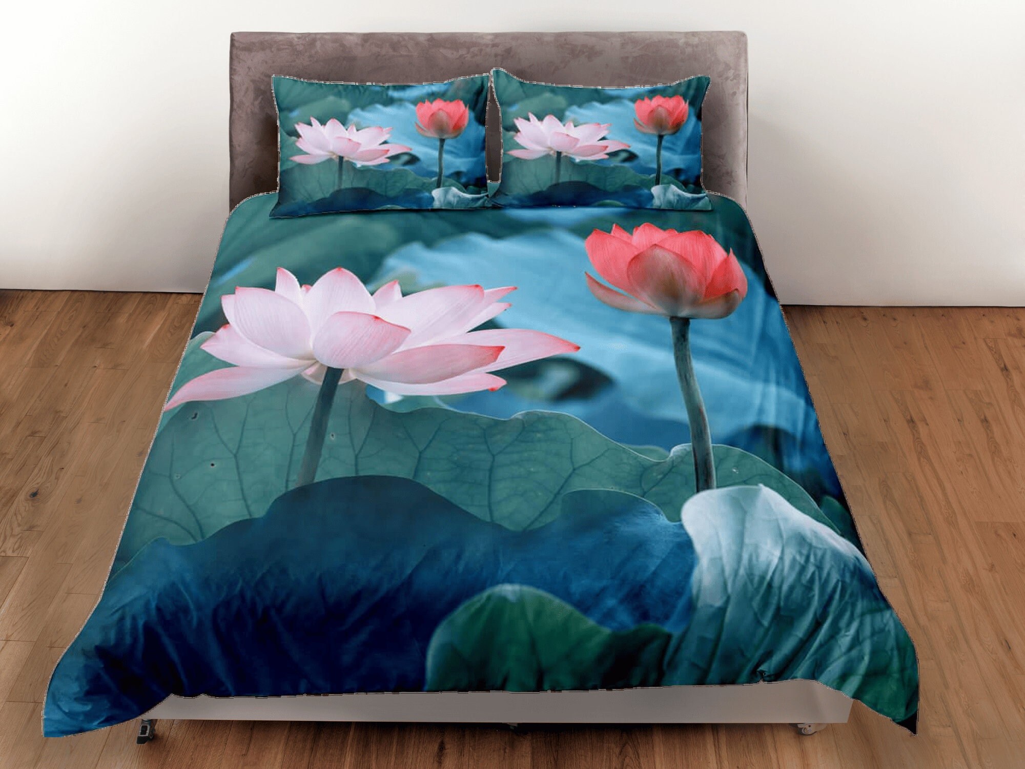 Beautiful Lotus Flower Duvet Cover Set, Blue and Pink Bedding Set ...