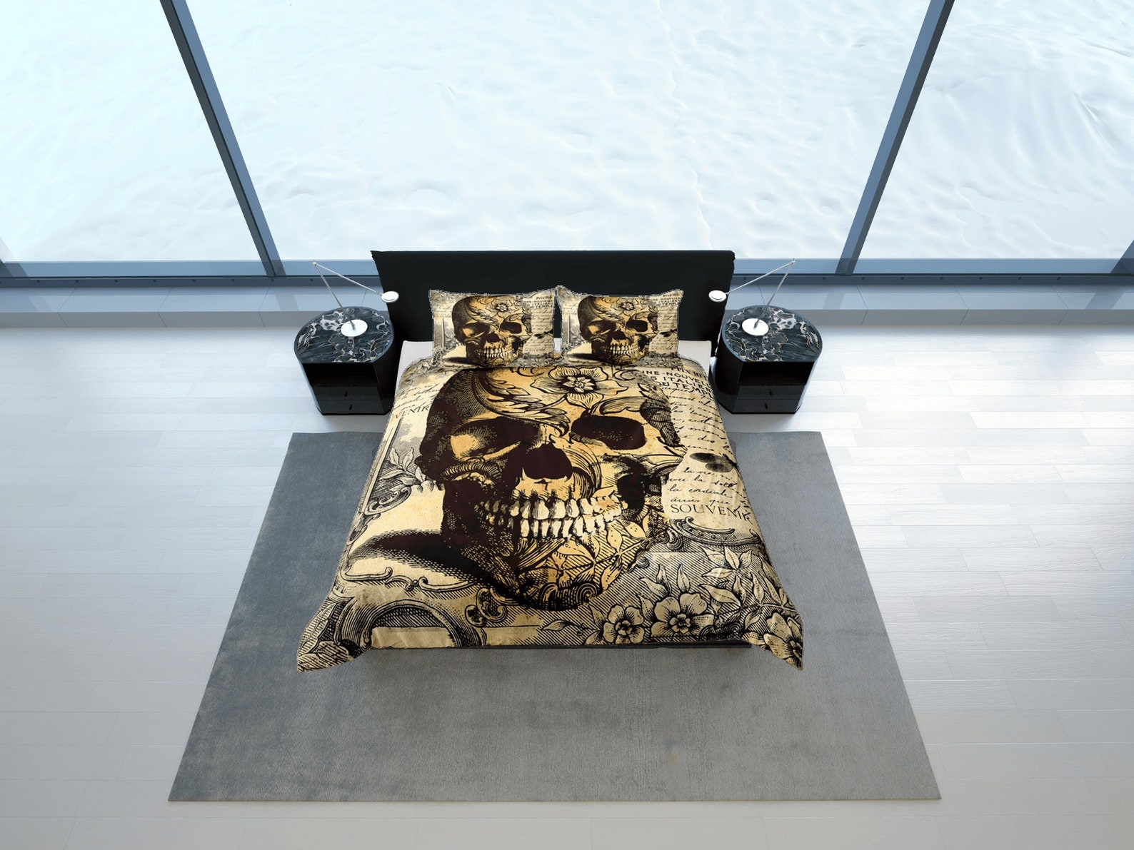 Skull Duvet Cover, Gothic Bedding Set, Floral Skull, Custom Size ...