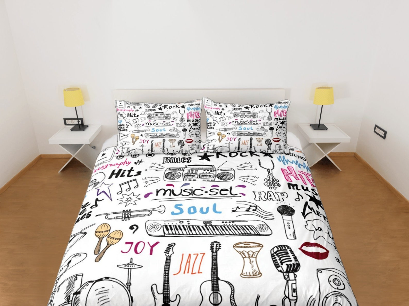 Music Themed Doodle Duvet Cover Set, Custom Quilt Cover, Aesthetic Dorm ...