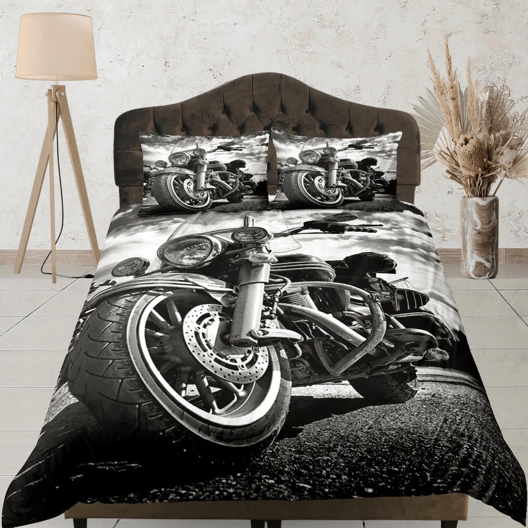 Motorcycle Print Bedding Set, Black and White Duvet Cover Set, Custom ...