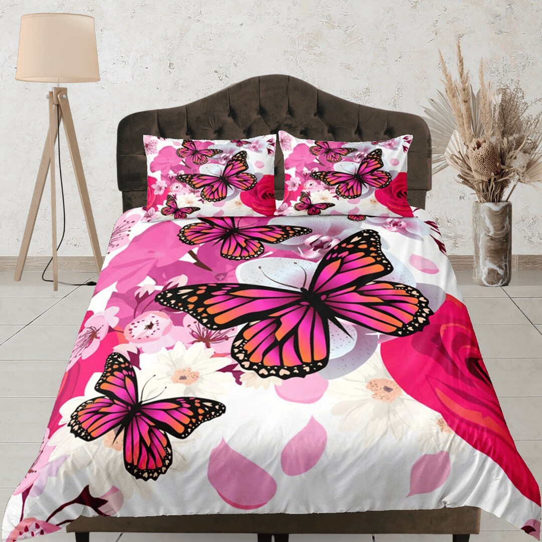 Pink Butterfly Bedspread, Spring Duvet Cover Set, Aesthetic Bedroom Set ...