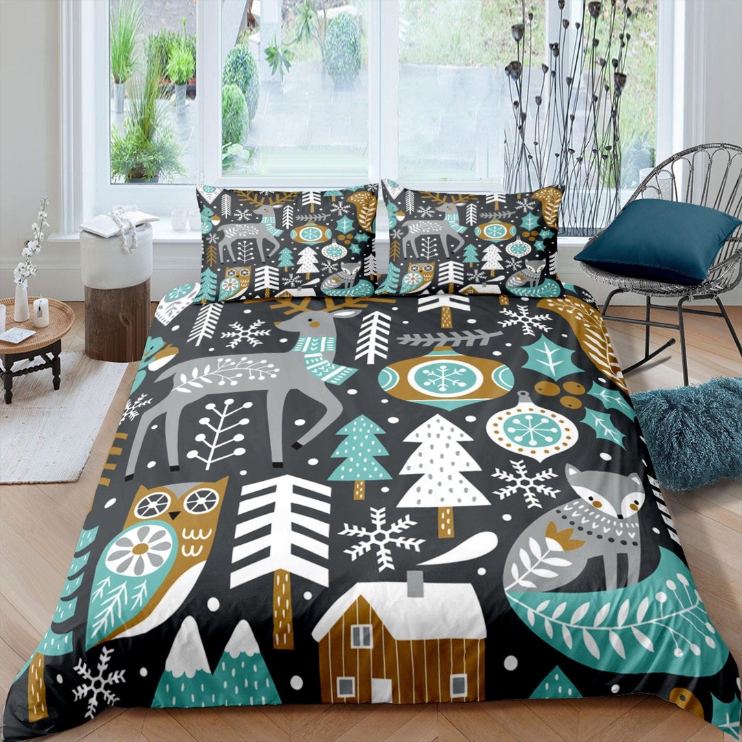 Woodland Animals Duvet Cover, Kids Christmas Bedding, Nordic Winter ...