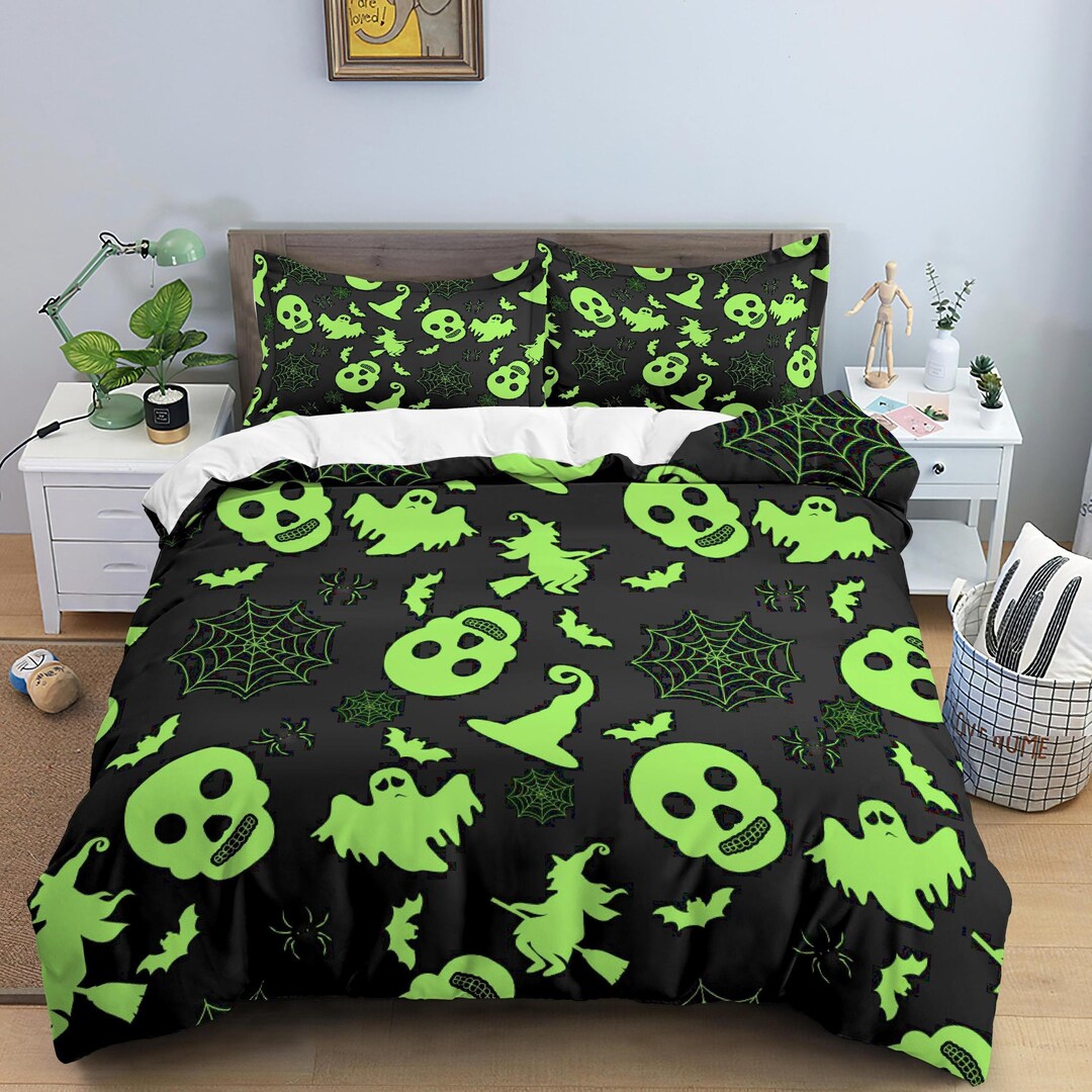 Neon Green Skull and Ghost Duvet Cover Set, Halloween Themed Bedding ...