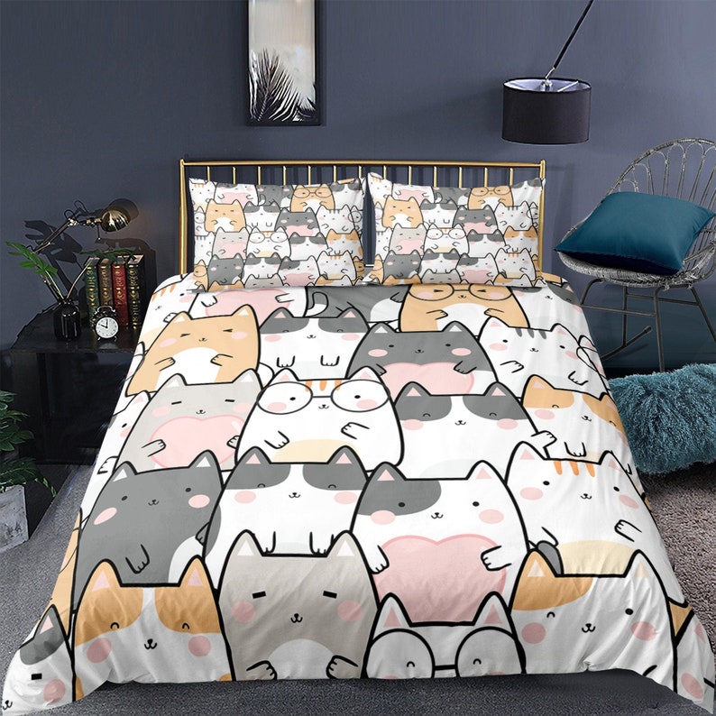 Adorable Cartoon Cat Bedding Set, Pink and Grey Duvet Cover, Aesthetic ...