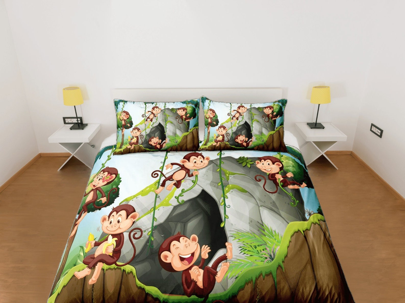 Playful Monkey Bedding Set, Kids Duvet Cover Set, Custom Size Bedspread ...
