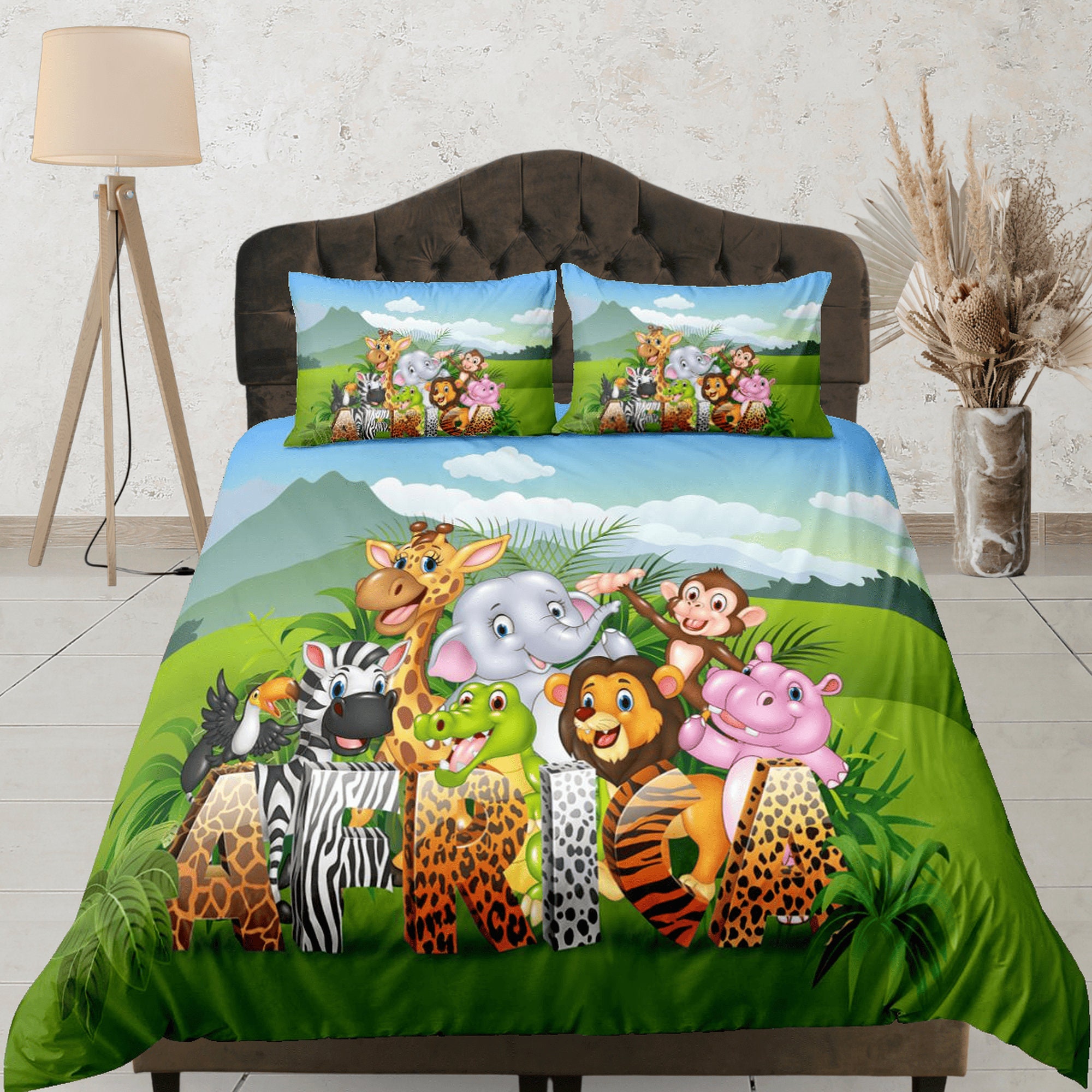 Kids Safari Duvet Cover Set, Jungle Animals Bedding, Toddler Bedroom ...