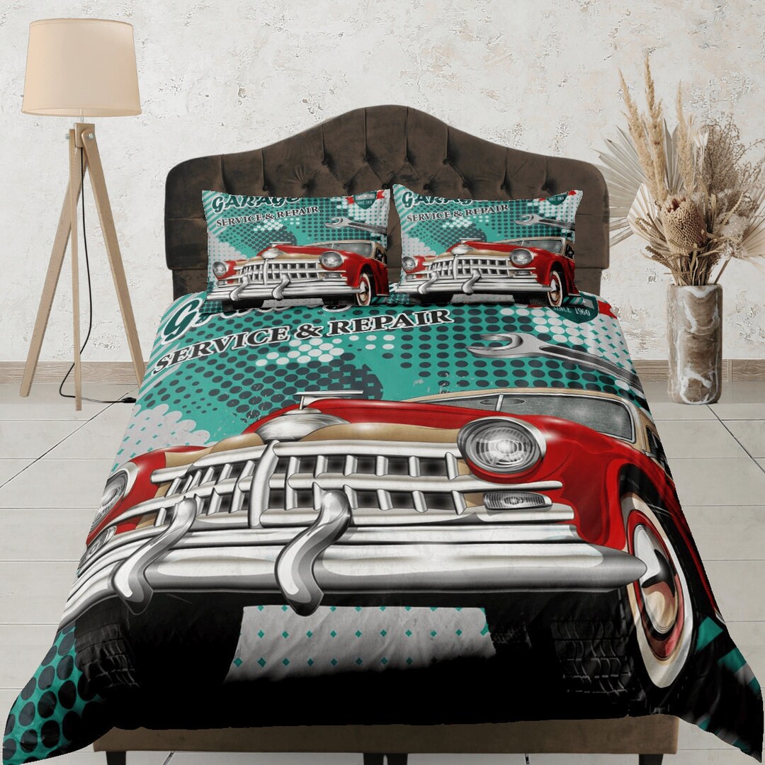 Vintage Car Duvet Cover, Retro Bedding Set, Car Lover Gift, Garage ...