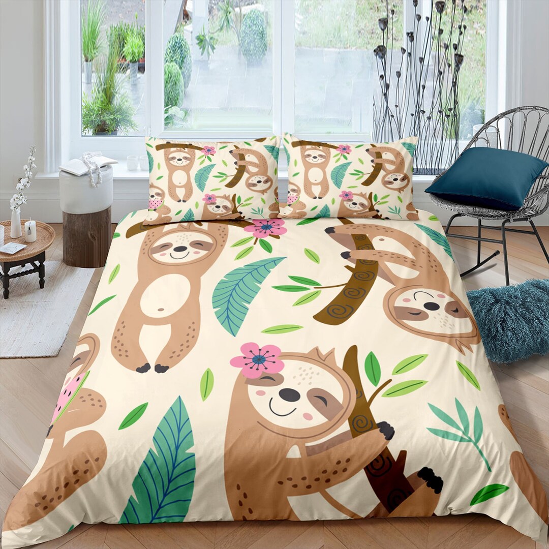 Cute Sloth Print Duvet Cover Set, Beige Bedding Set, Kids Bedroom Set ...