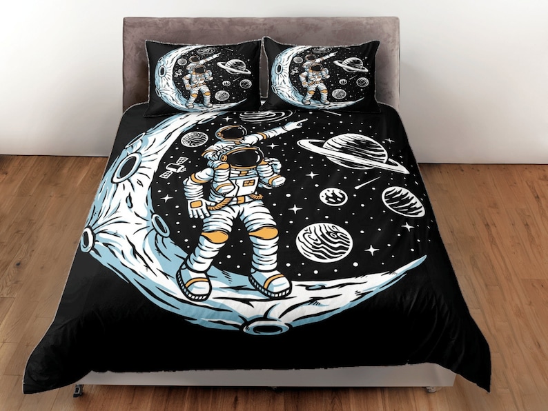 Astronaut Bedding Set, Space Duvet Cover, Dorm Quilt Cover, Black and ...