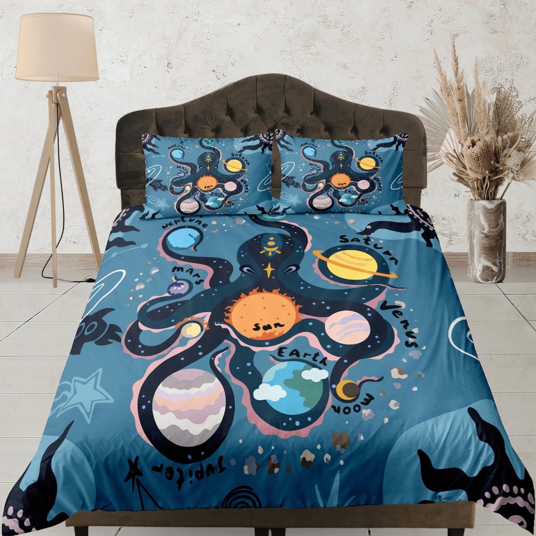 Solar System Duvet Cover Set, Custom Size Bedspread, Blue and ...