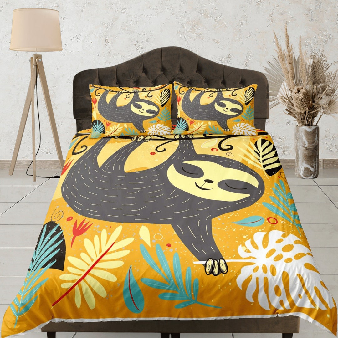 Bright Sloth Print Duvet Cover Set, Yellow and Gray Bedding Set, Kids ...