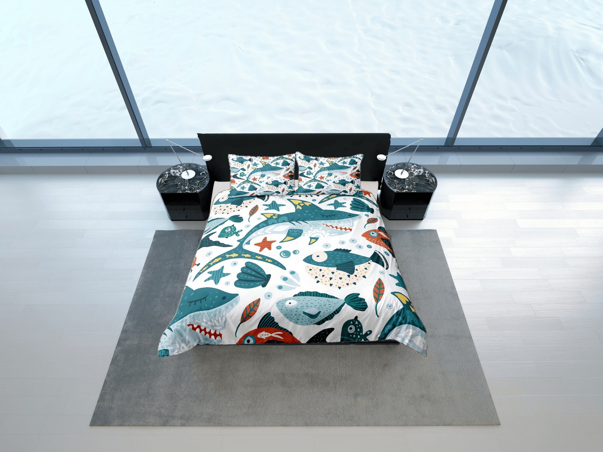 Underwater Marine Life Bedding Set, Colorful Ocean Animal Duvet Cover ...