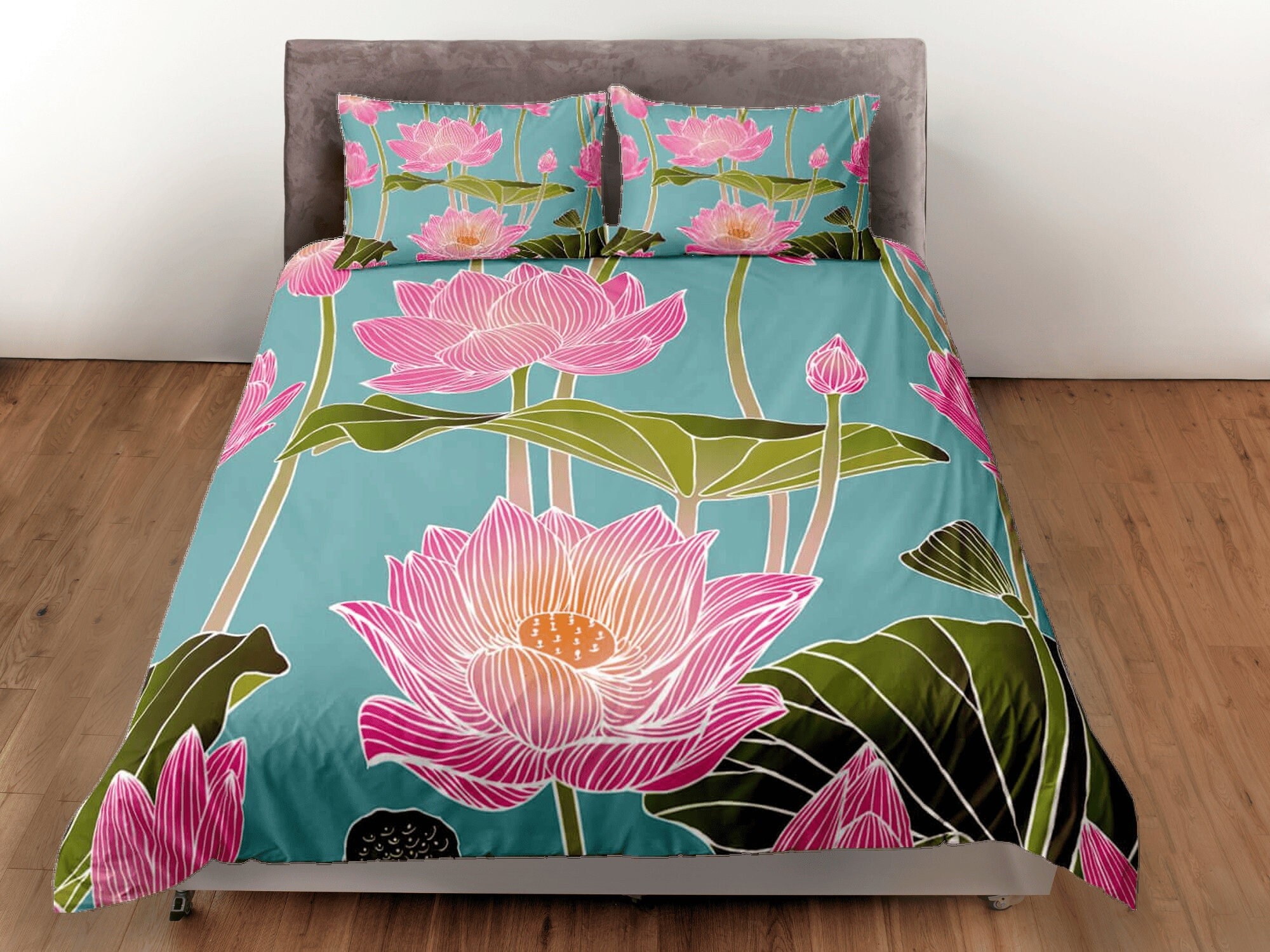 Lotus Flower Duvet Cover Set Teal and Pink Floral Bedding Set ...
