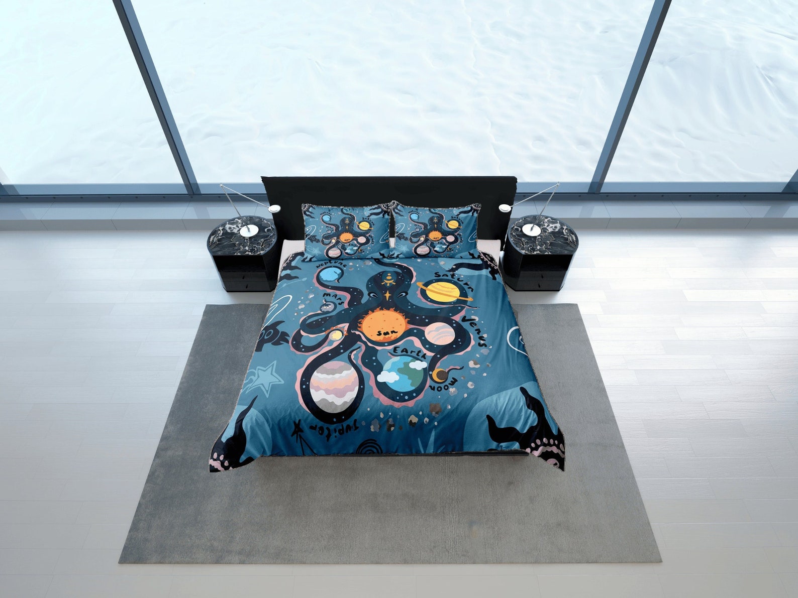 Solar System Duvet Cover Set, Custom Size Bedspread, Blue and ...