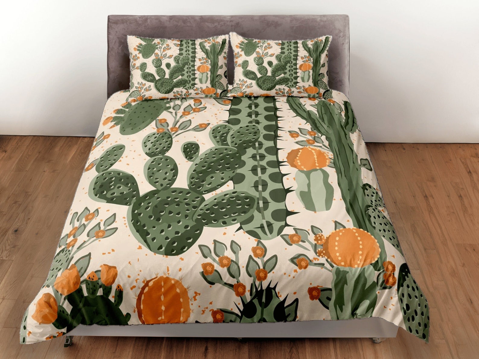 Cactus Print Duvet Cover Set, Green and Orange Bedding Set, Custom Size ...
