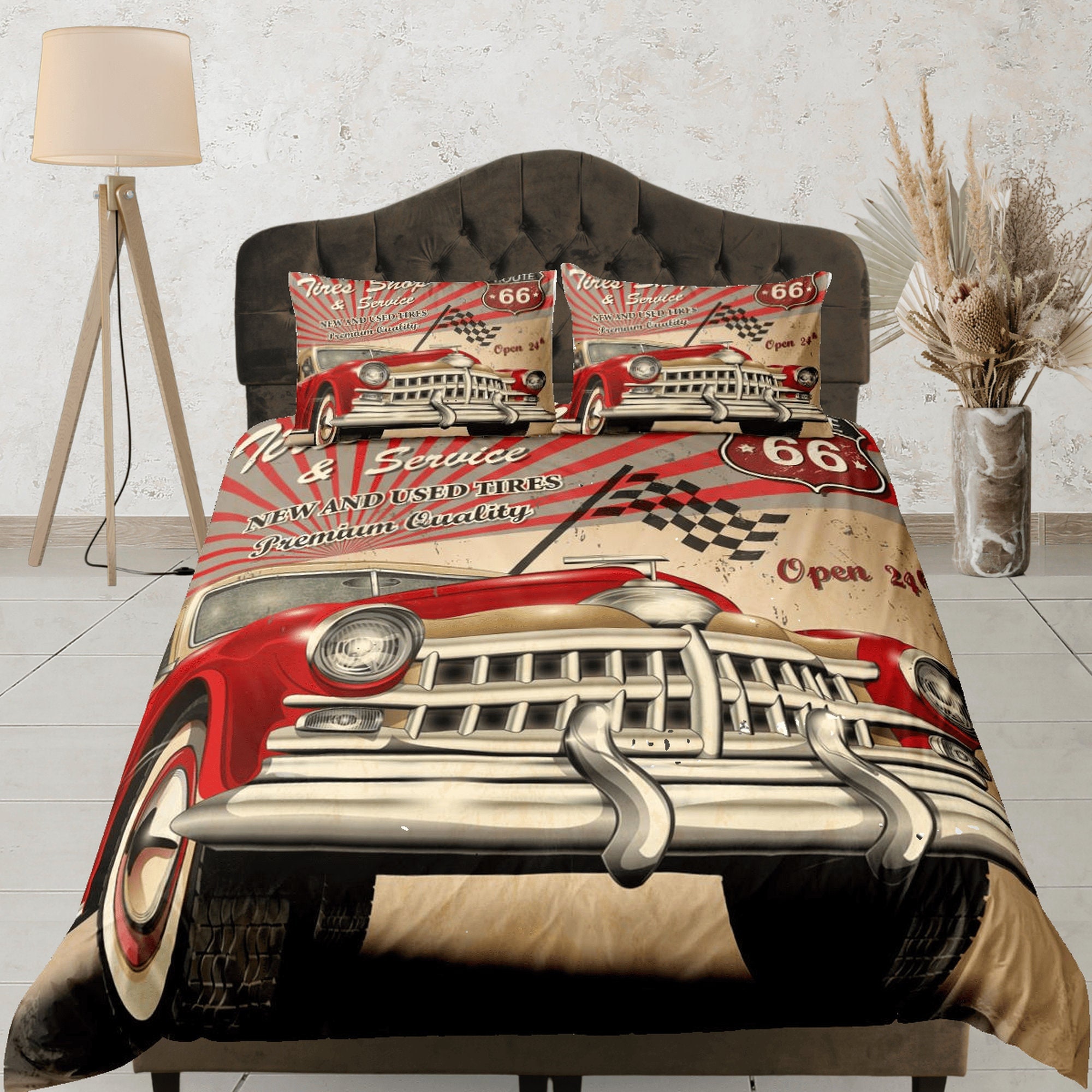 Vintage Car Duvet Cover, Custom Size, Retro Bedding, Route 66 Design ...