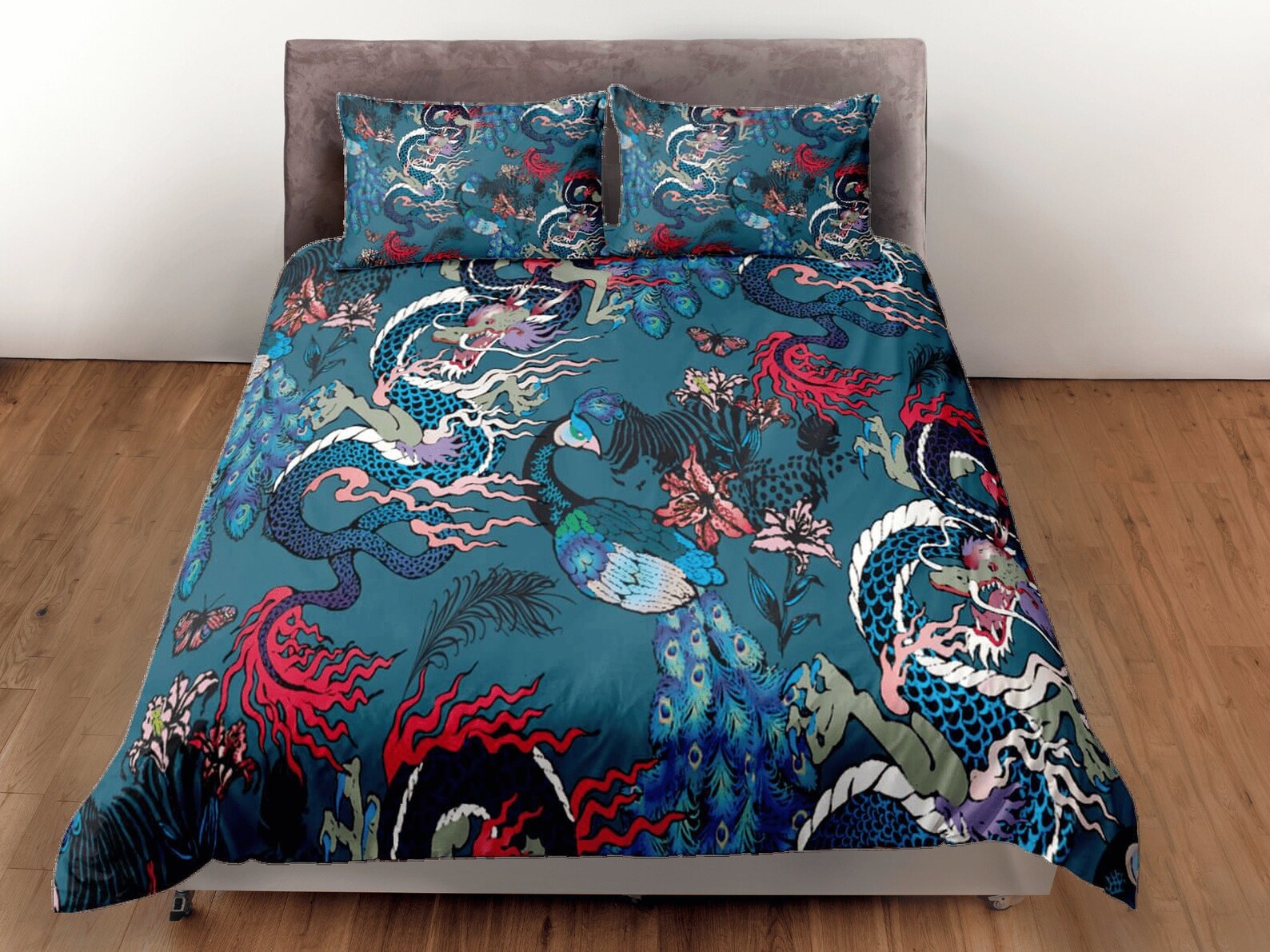 Peacock and Dragon Print Duvet Cover Set, Custom Bohemian Bedding, Dark ...