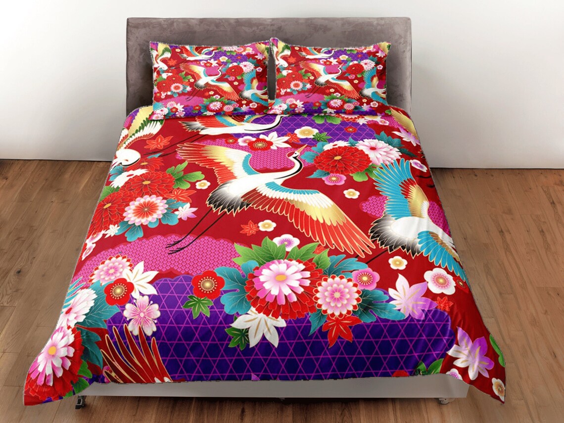 Japanese Crane Bedding Set, Colorful Duvet Cover Set, Custom Size Bedspread, Floral Quilt Cover ...