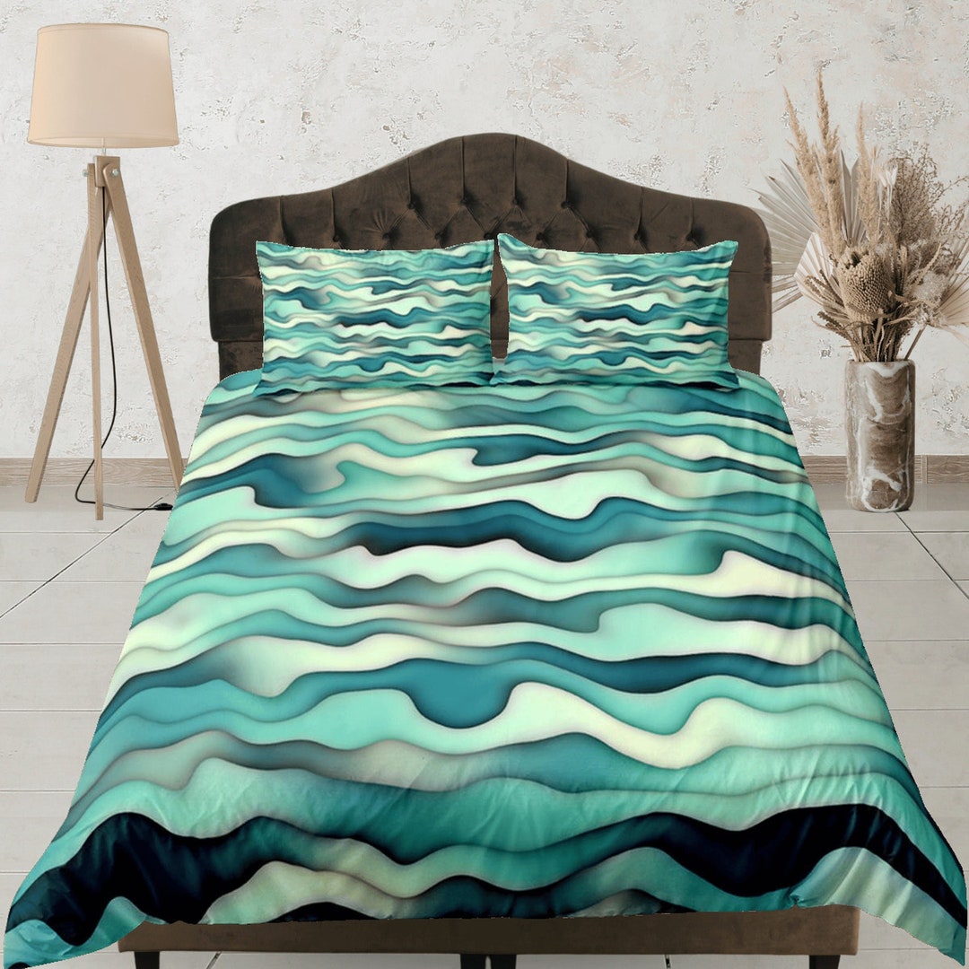 Aqua Wave Duvet Cover, Custom Size, Ocean Inspired Bedding, Teal and ...