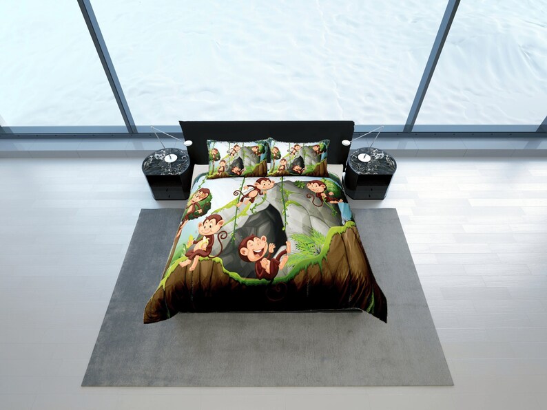 Playful Monkey Bedding Set, Kids Duvet Cover Set, Custom Size Bedspread ...