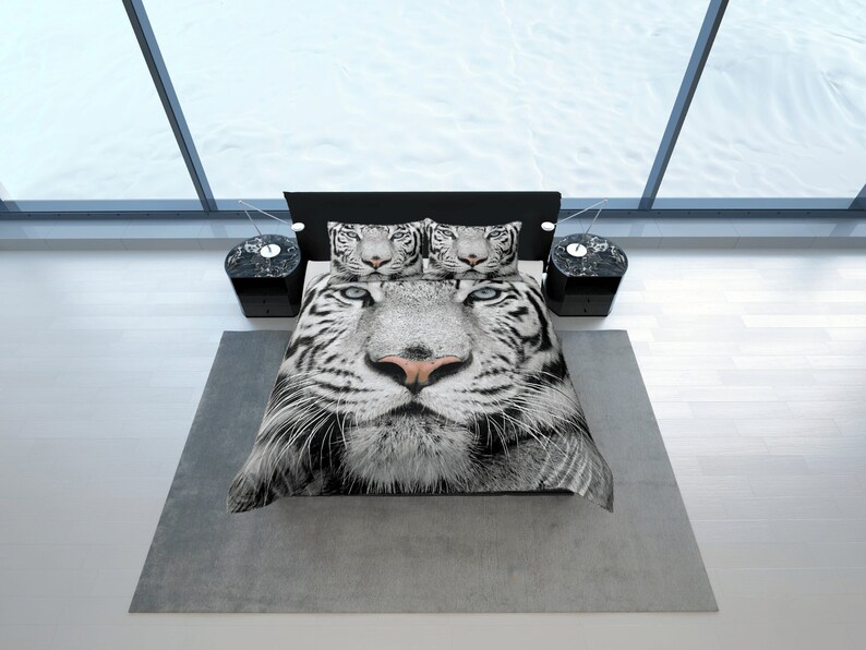White Tiger Print Bedding Set, Realistic Animal Print Duvet Cover Set ...