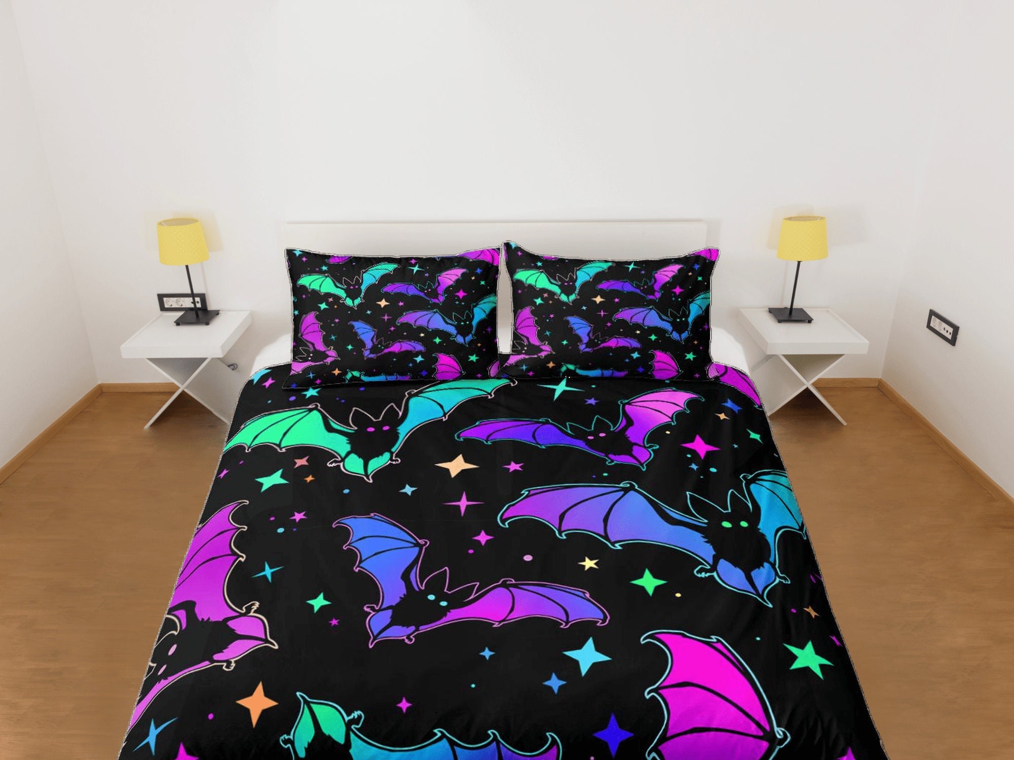 Neon Bats Duvet Cover Set, Gothic Halloween Bedroom Set, Trippy Bat ...