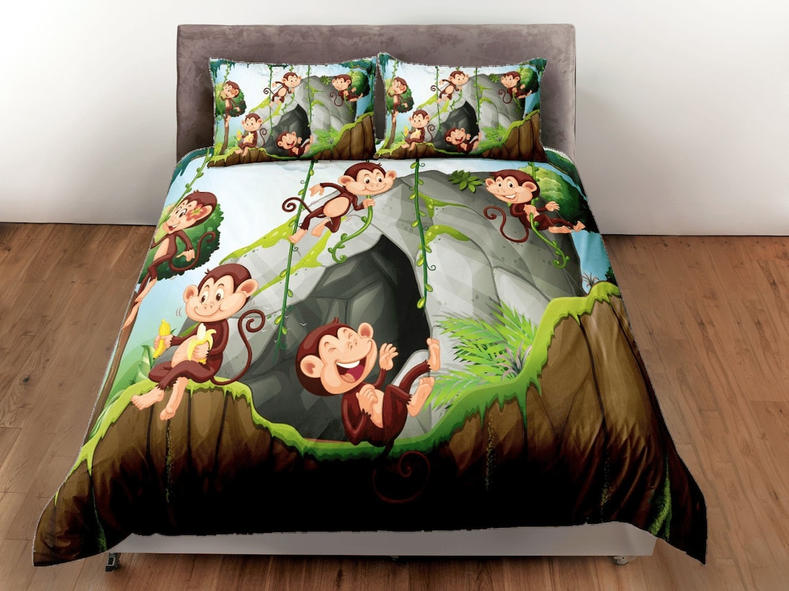Playful Monkey Bedding Set, Kids Duvet Cover Set, Custom Size Bedspread ...