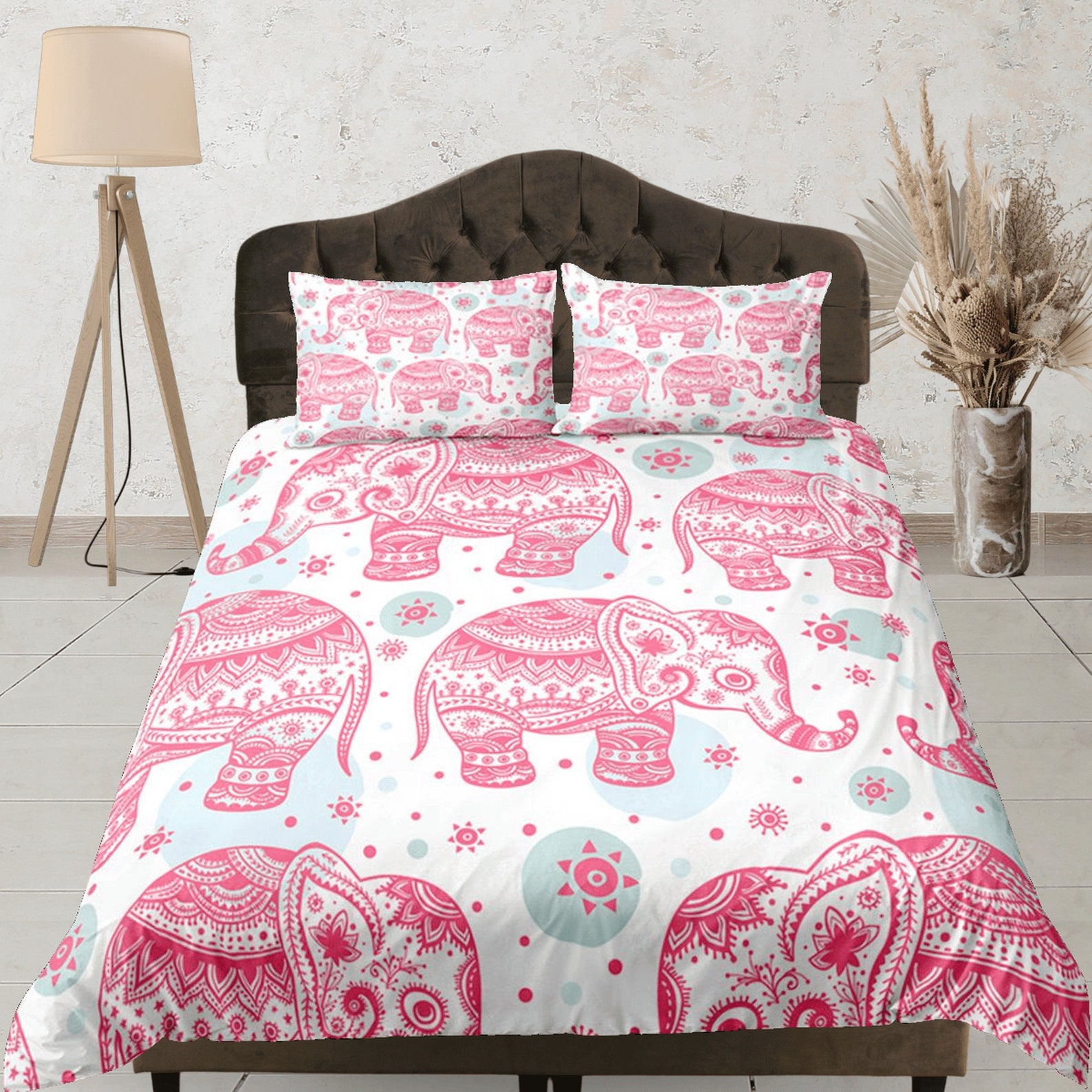Pink Elephant Mandala Bedspread, Boho Chic Aesthetic Duvet Cover Set ...