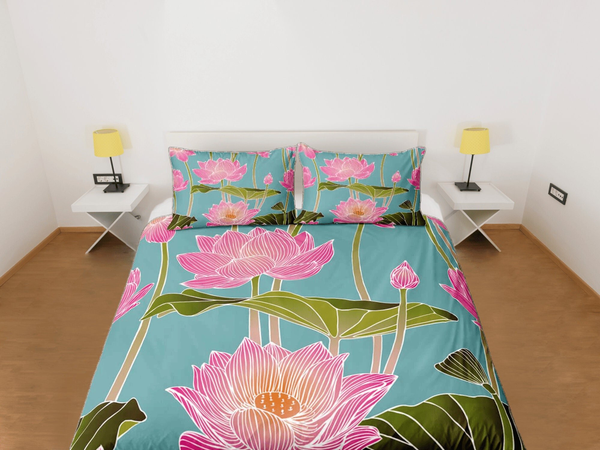 Lotus Flower Duvet Cover Set Teal and Pink Floral Bedding Set ...