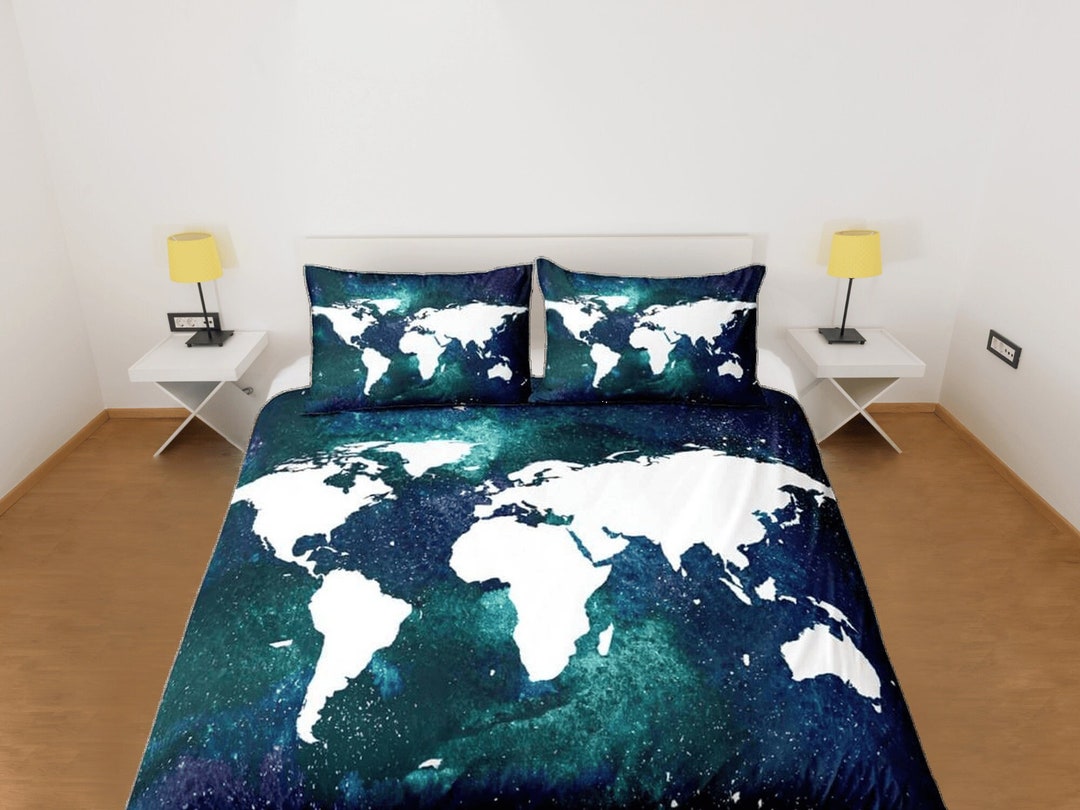 World Map Duvet Cover Set, Cute Geographic Bedspread, Modern Dorm ...