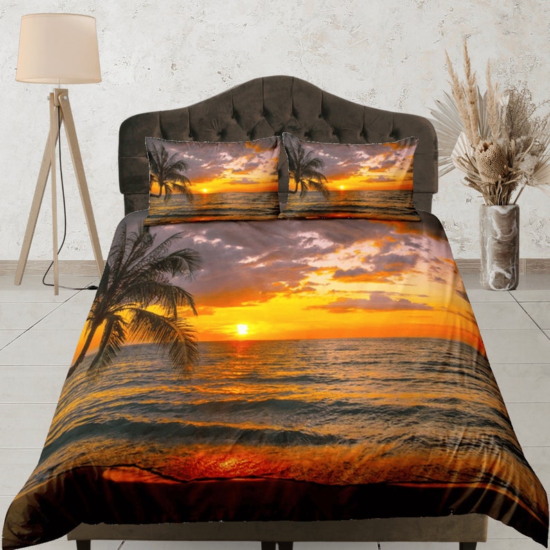 Beach Sunset Duvet Cover Set, Tropical Paradise Bedding, Custom Size ...