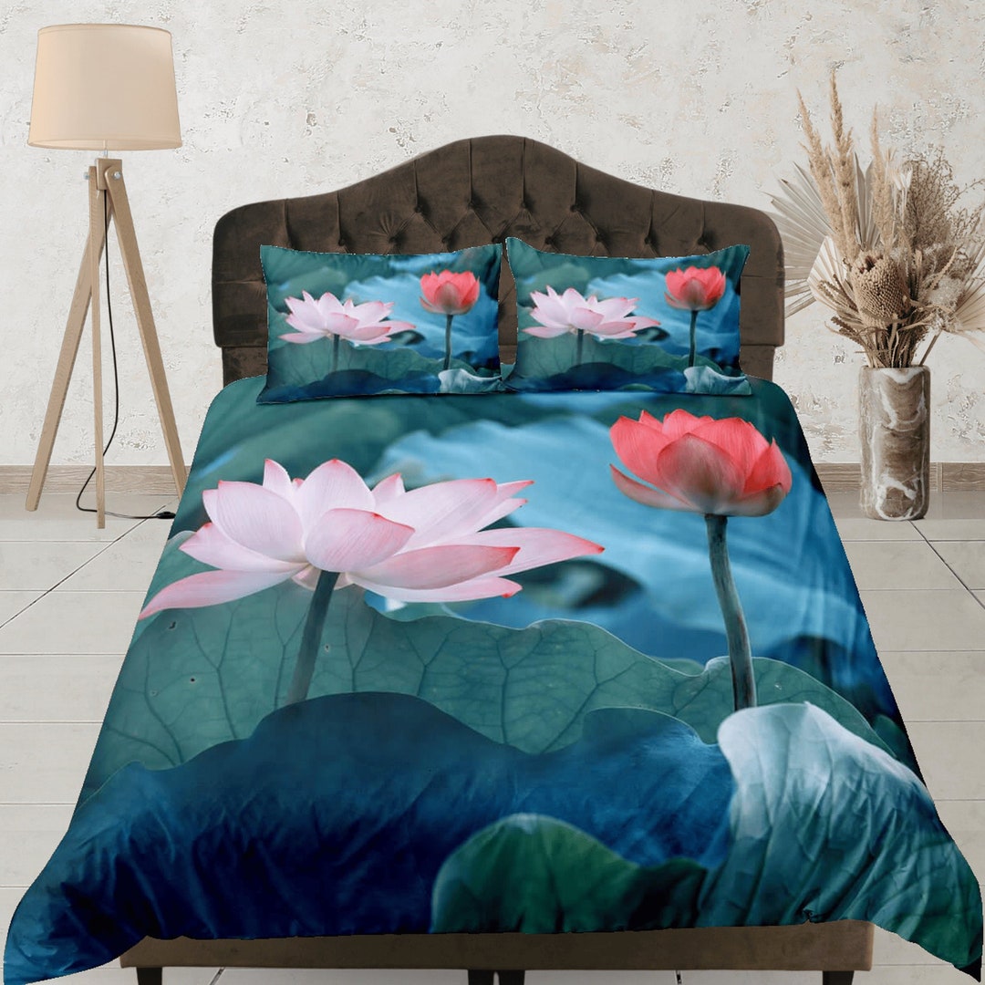 Beautiful Lotus Flower Duvet Cover Set, Blue and Pink Bedding Set ...