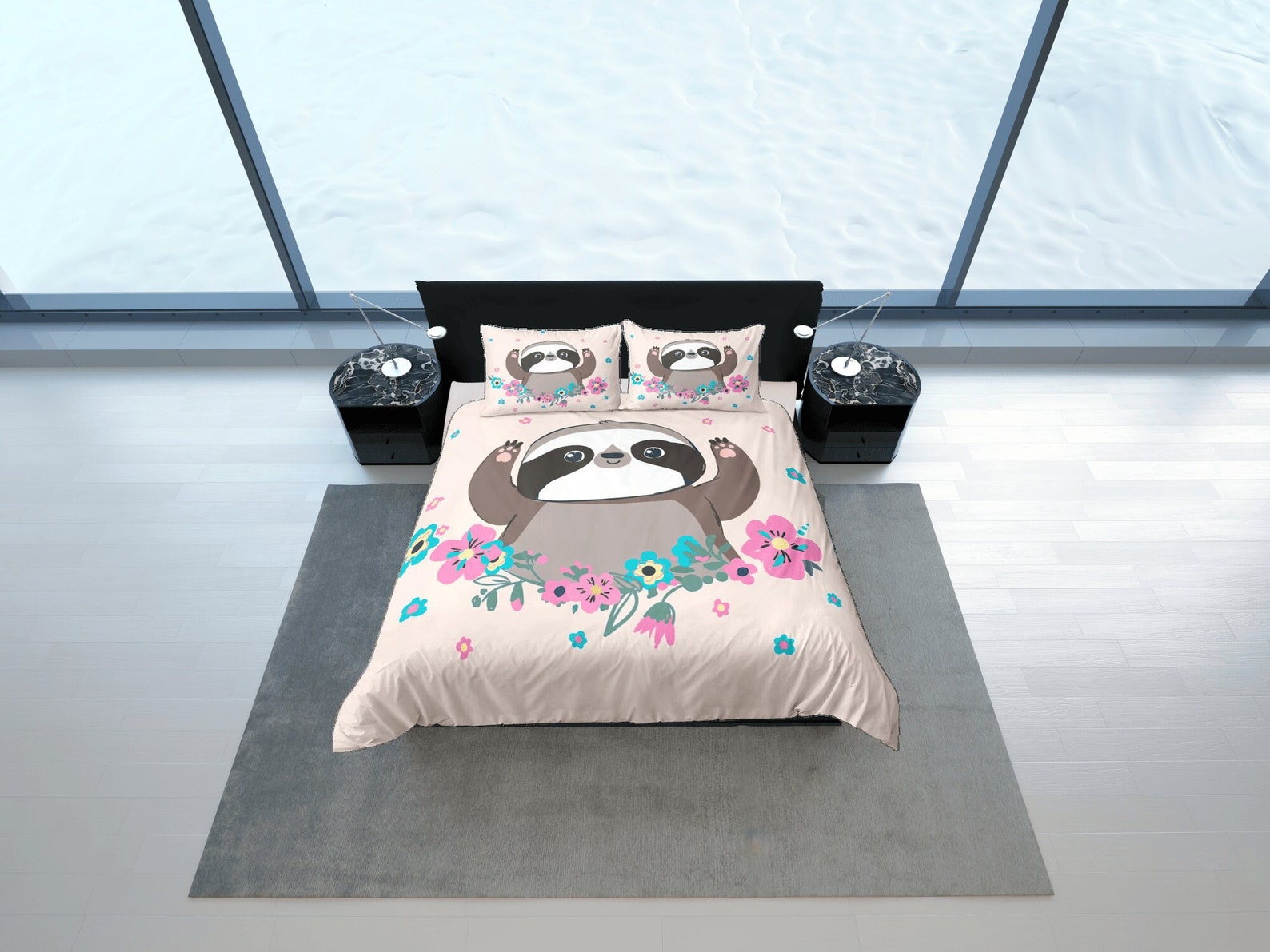 Adorable Sloth and Floral Print Duvet Cover Set, Soft Bedding Set, Cute ...