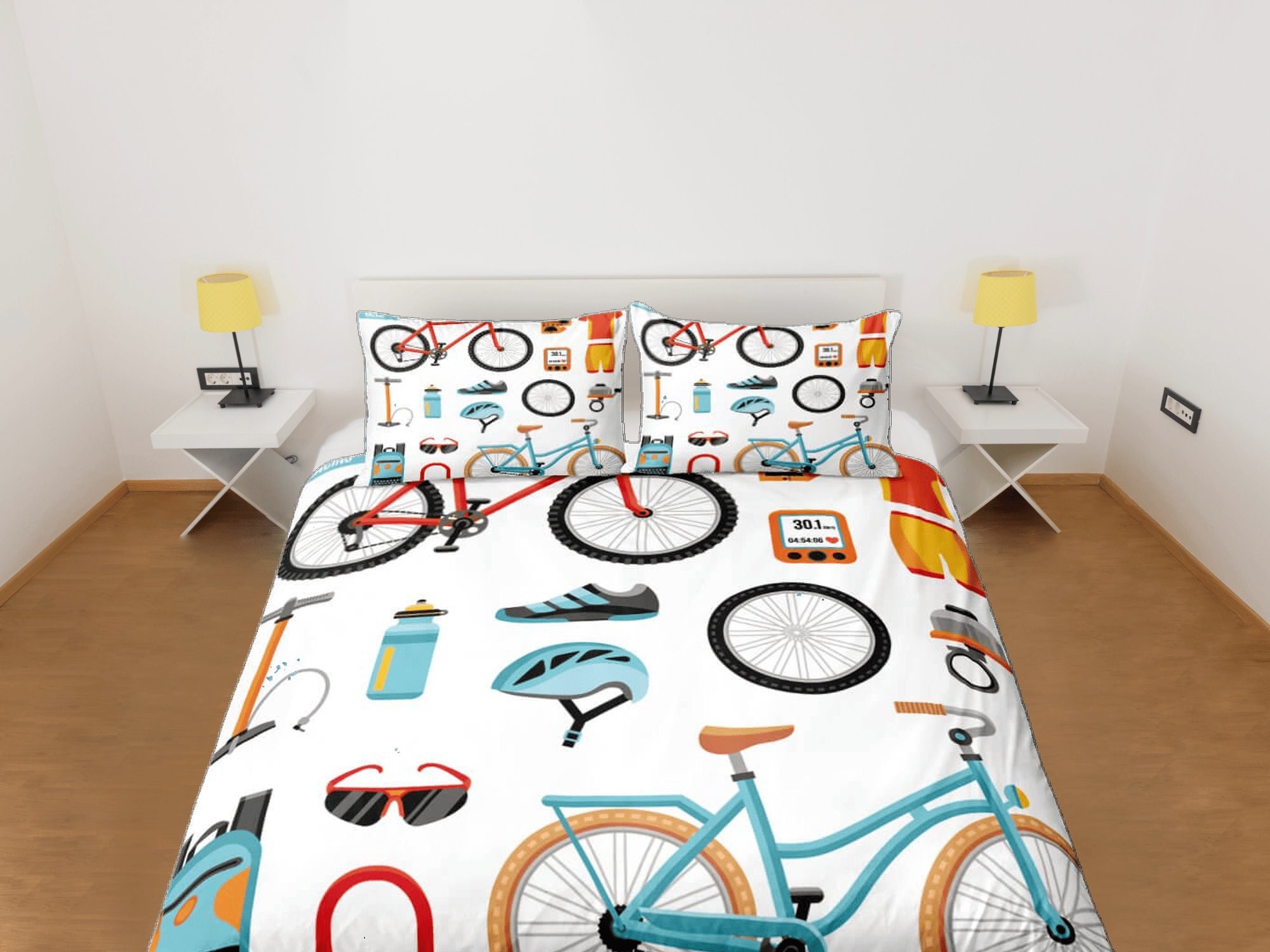 Bicycle Print Duvet Cover Set, Colorful Duvet Cover Set, White and Blue ...