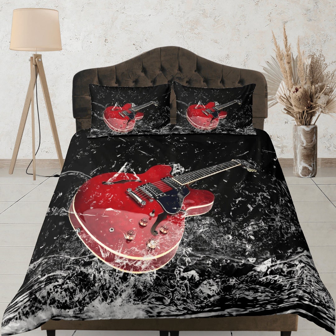 Red Guitar Print Bedding Set, Music Theme Duvet Cover Set, Rockstar ...