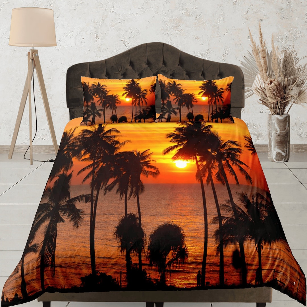 Sunset Palm Tree Bedding Set, Tropical Duvet Cover, Soft Dorm Quilt ...
