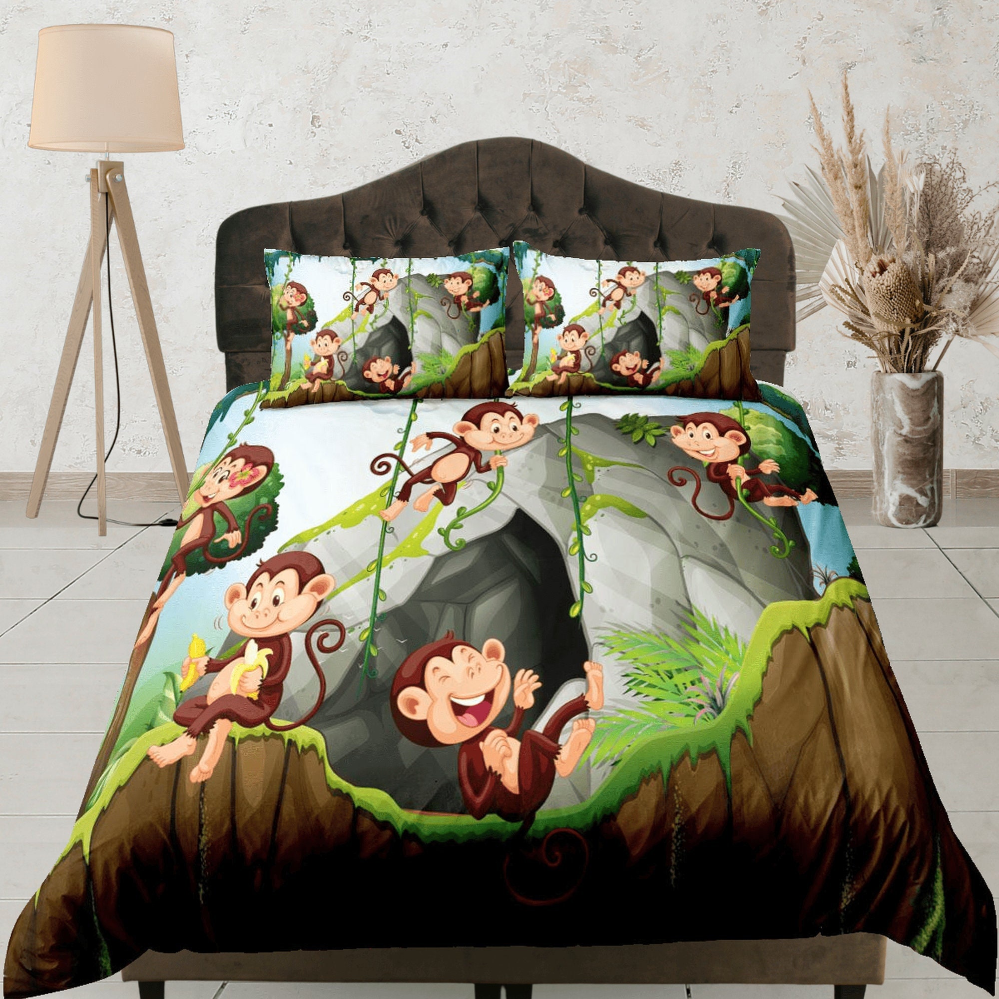 Playful Monkey Bedding Set, Kids Duvet Cover Set, Custom Size Bedspread ...